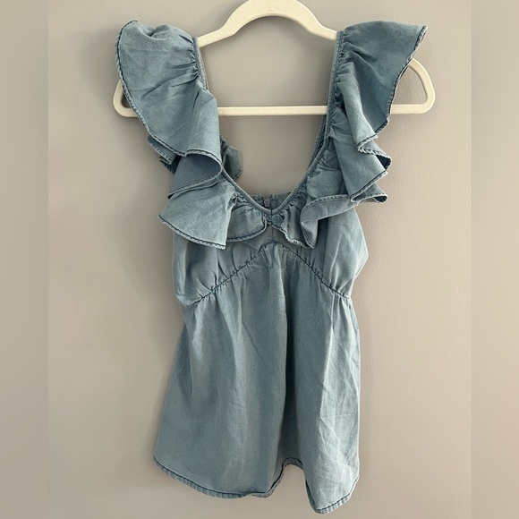 French Connection | Tops | French Connection Ruffle Neck Denim Top ...